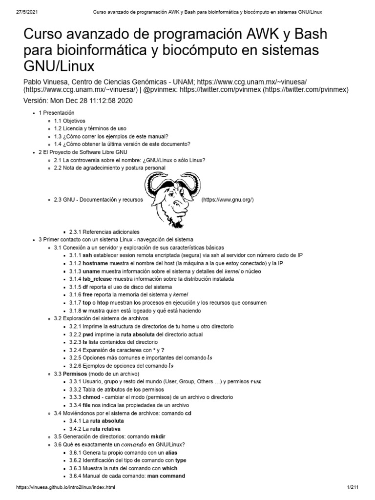 Curso avanzado de programación AWK y Bash para bioinformática y biocómputo en sistemas GNU-Linux ...