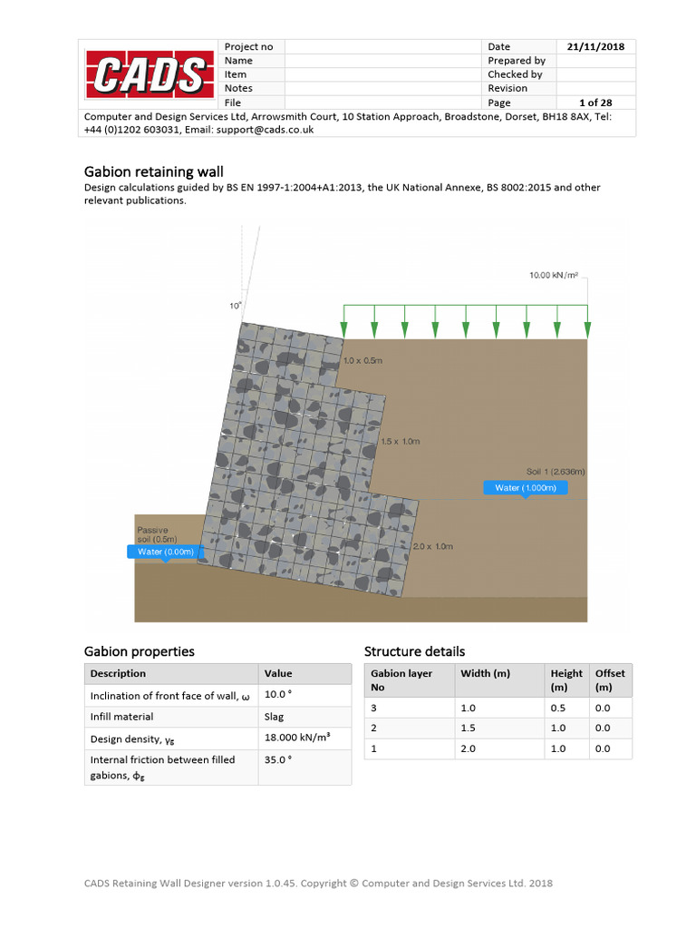 Gabion Retaining Wall Report Calculations | PDF | Mechanical ...