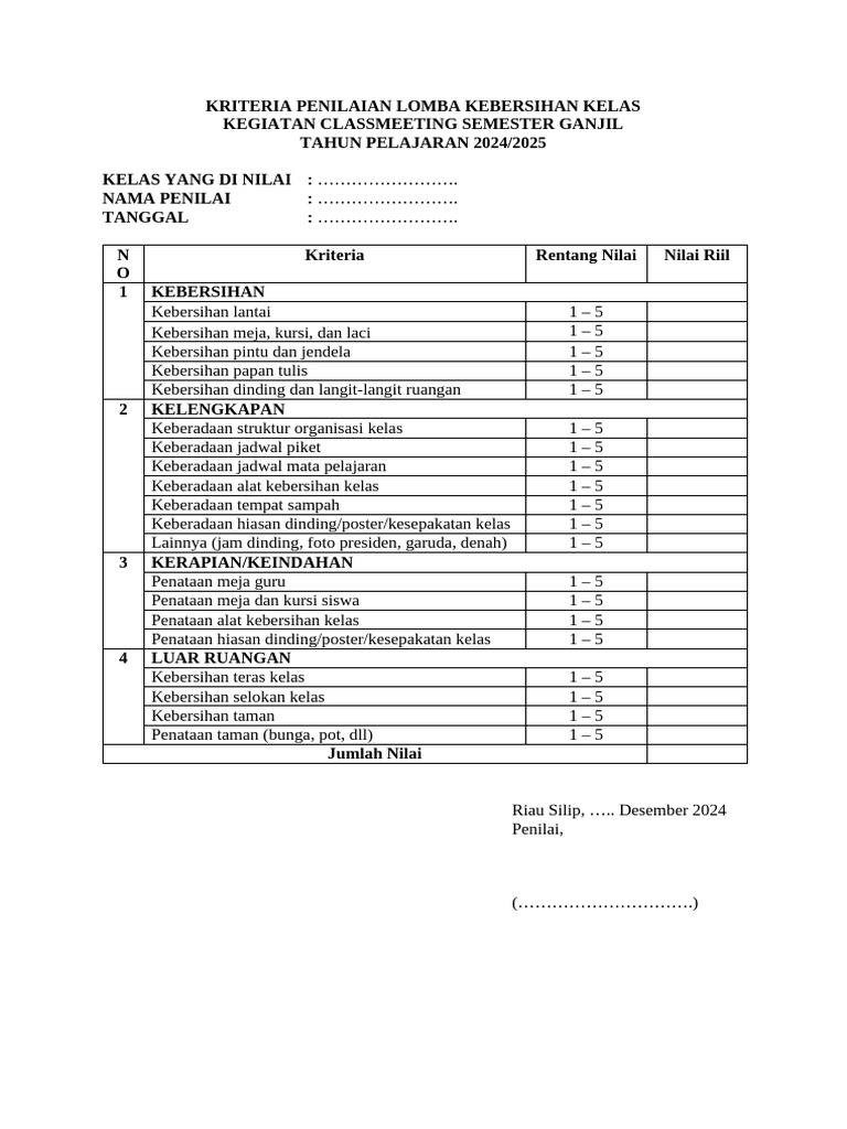 Kriteria Penilaian Lomba Kebersihan Kelas | PDF