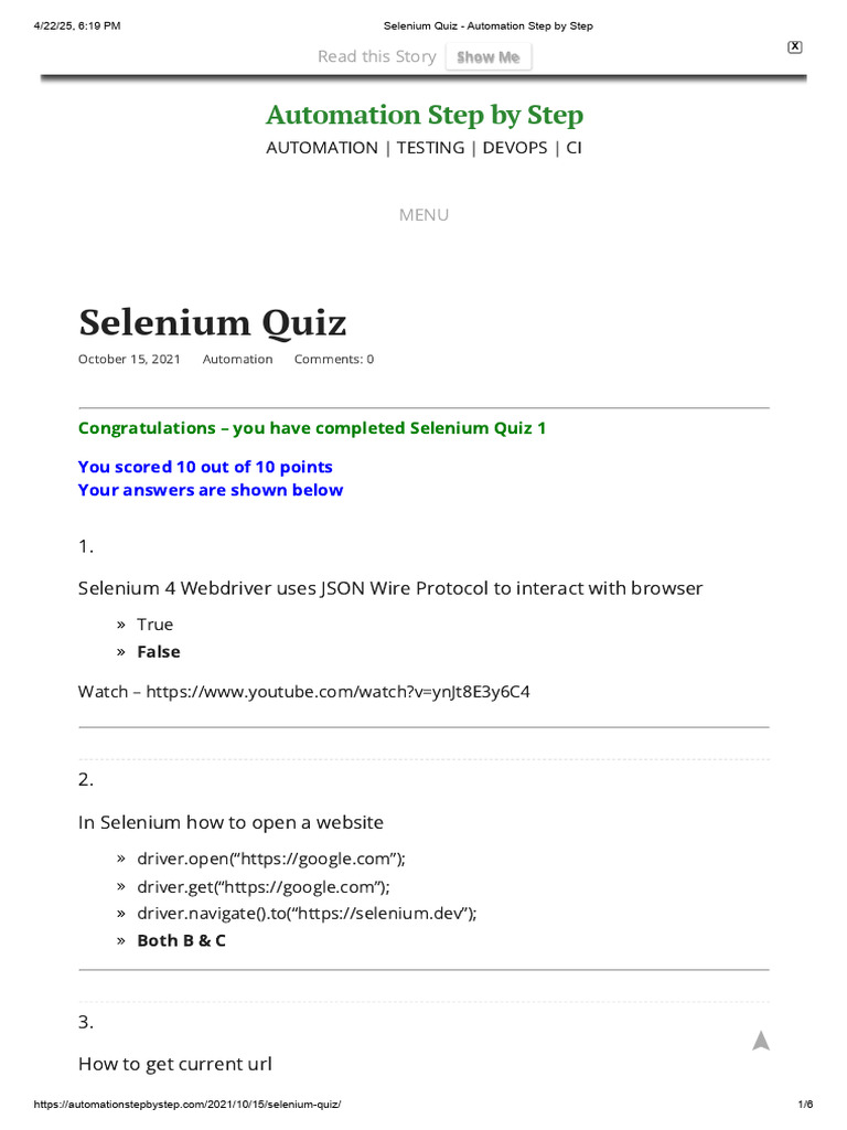 Selenium Quiz - Automation Step by Step | PDF | Selenium (Software) | It Service Management