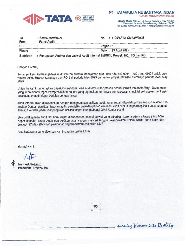 1106-TATA-QMS-IV-2025 Penugasan Auditor Dan Jadwal Audit Internal SMMK3L Proyek, HO, RO, BO | PDF