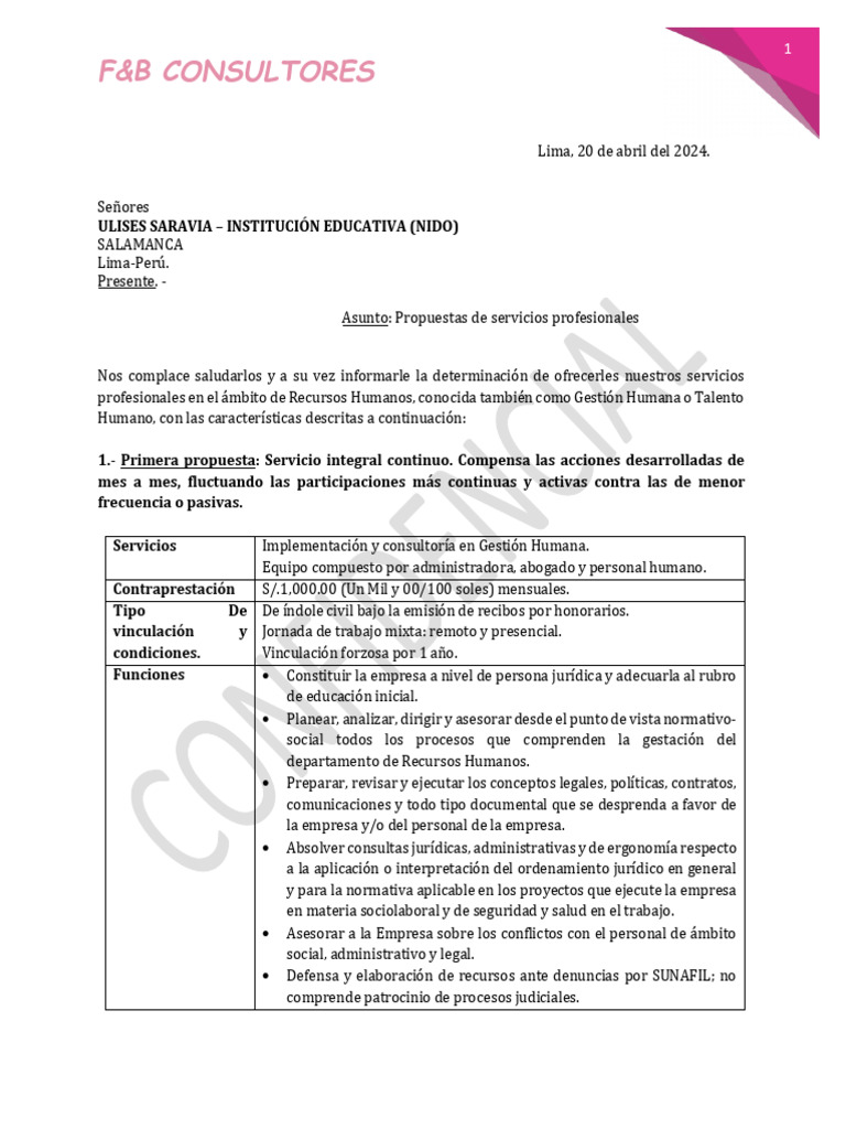 Carta de Propuesta Servicios Profesionales - Ulises | PDF | Business | Gestión de recursos humanos