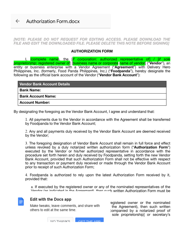 Authorization Form Panda Food | PDF | Business | Civil Law (Common Law)