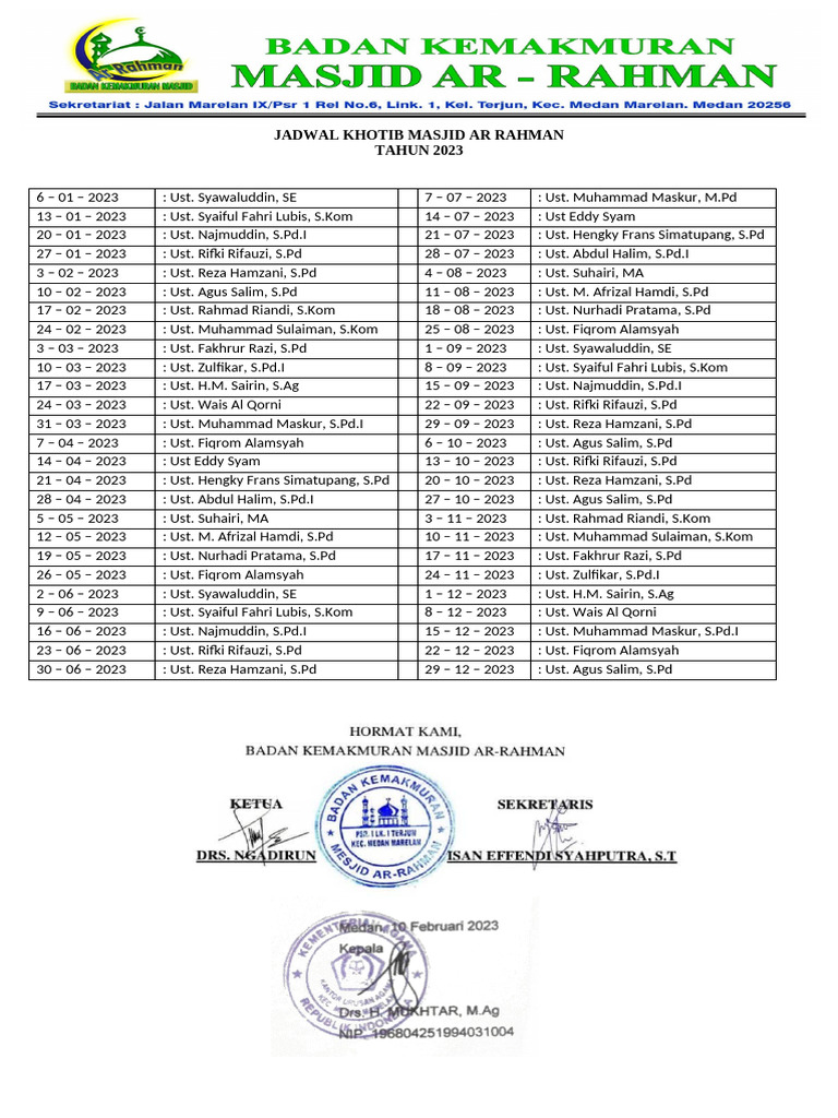 Jadwal Khotib Masjid Ar Rahman 2023 | PDF