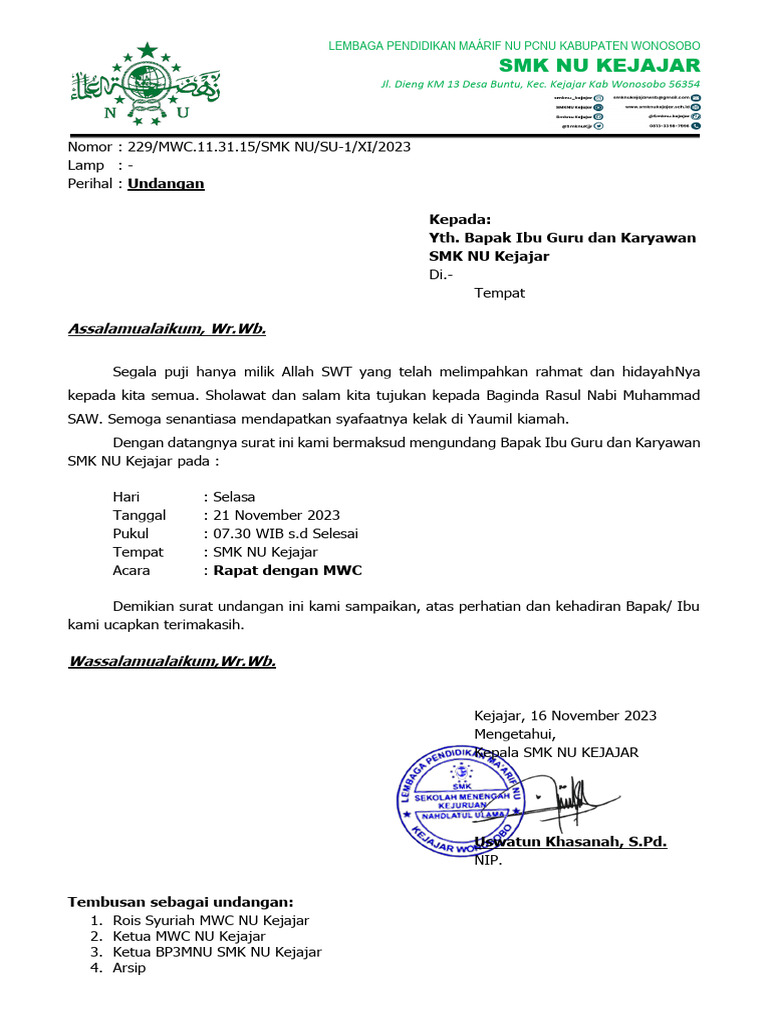 Surat Undangan Bapak Ibu Guru | PDF