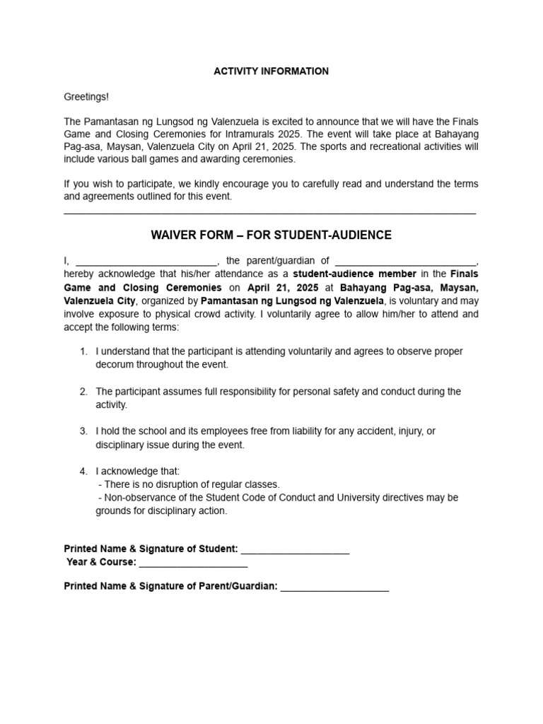 Student Audience Intrams 2025 Waiver Form 1 | PDF