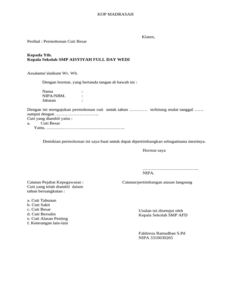 Permohonan Cuti Besar SMP Aisyiyah | PDF