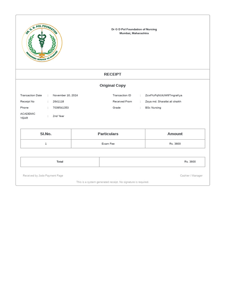 BSc Nursing Exam Fee Receipt - Dr G D Pol | PDF