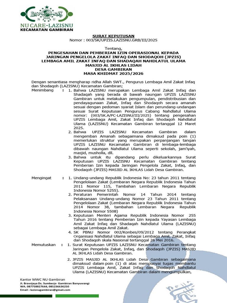 003. SK UPZIS.LAZISNU.GRB III 2025 (MASJID AL IKHLAS LIDAH GAMBIRAN) | PDF