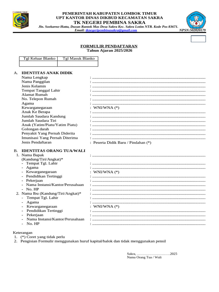 Formulir Pendaftaran Anak 2025 | PDF