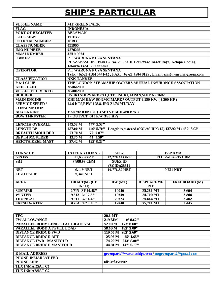 SHIP PARTICULAR MT.GREEN PARK | PDF | Ships | Watercraft