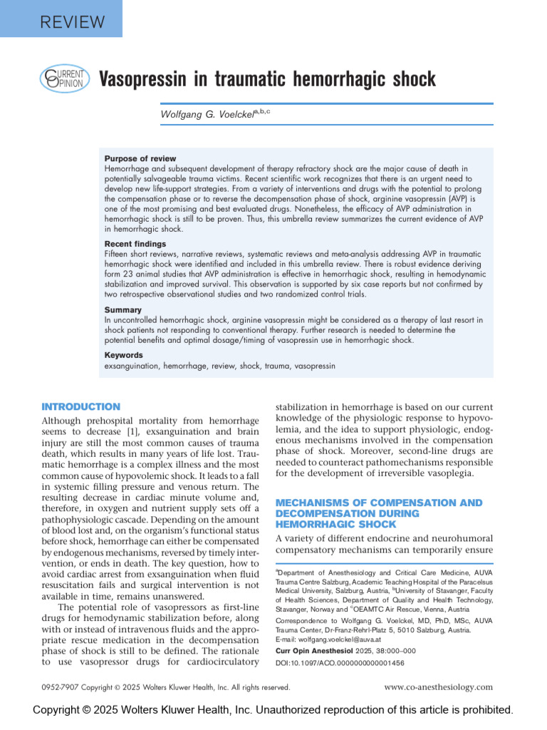 Vasopressin in Traumatic Hemorrhagic Shock | PDF | Shock (Circulatory) | Bleeding