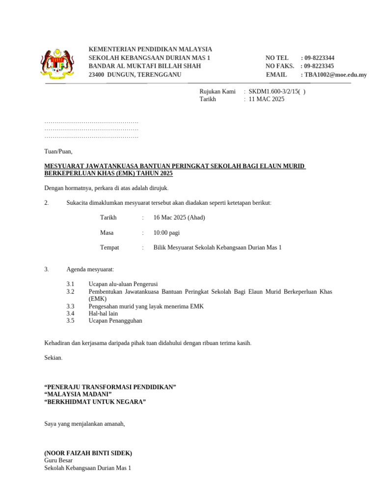 MINIT PANGGILAN MESY JK BANTUAN EMK 2025 | PDF