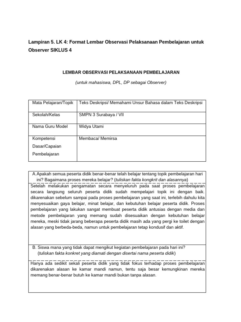 T.4 Lampiran 5. LK 4 Format Lembar Observasi Pelaksanaan Pembelajaran untuk Observer (SIKLUS 4 ...