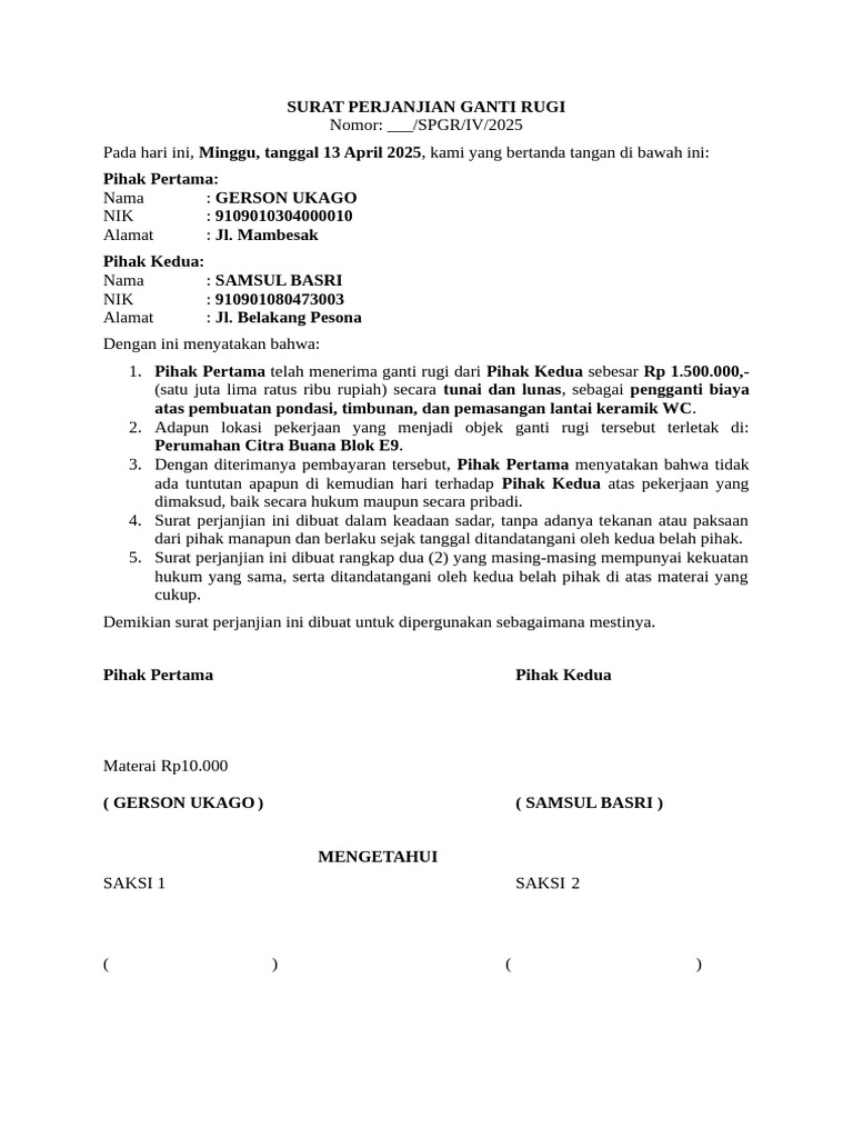 Surat Perjanjian Ganti Rugi | PDF