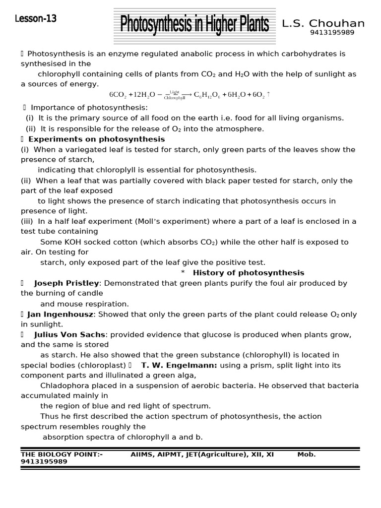 Photosynthesis in Higher in Plants | PDF | Photosynthesis ...