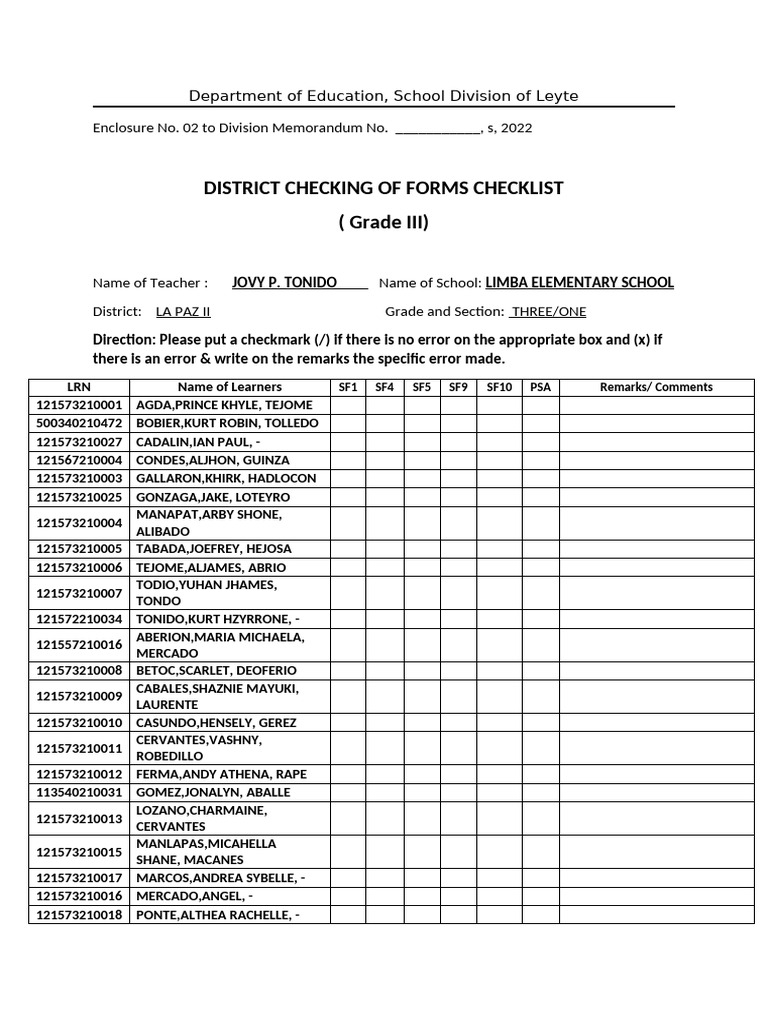 Grade 3 Checking of ForMS | PDF