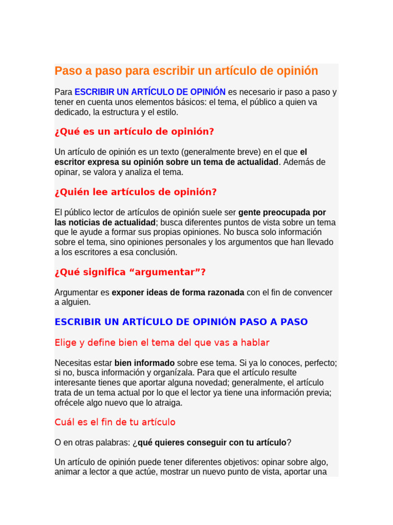 Paso A Paso para Escribir Un Artículo de Opinión | PDF | Escritores ...
