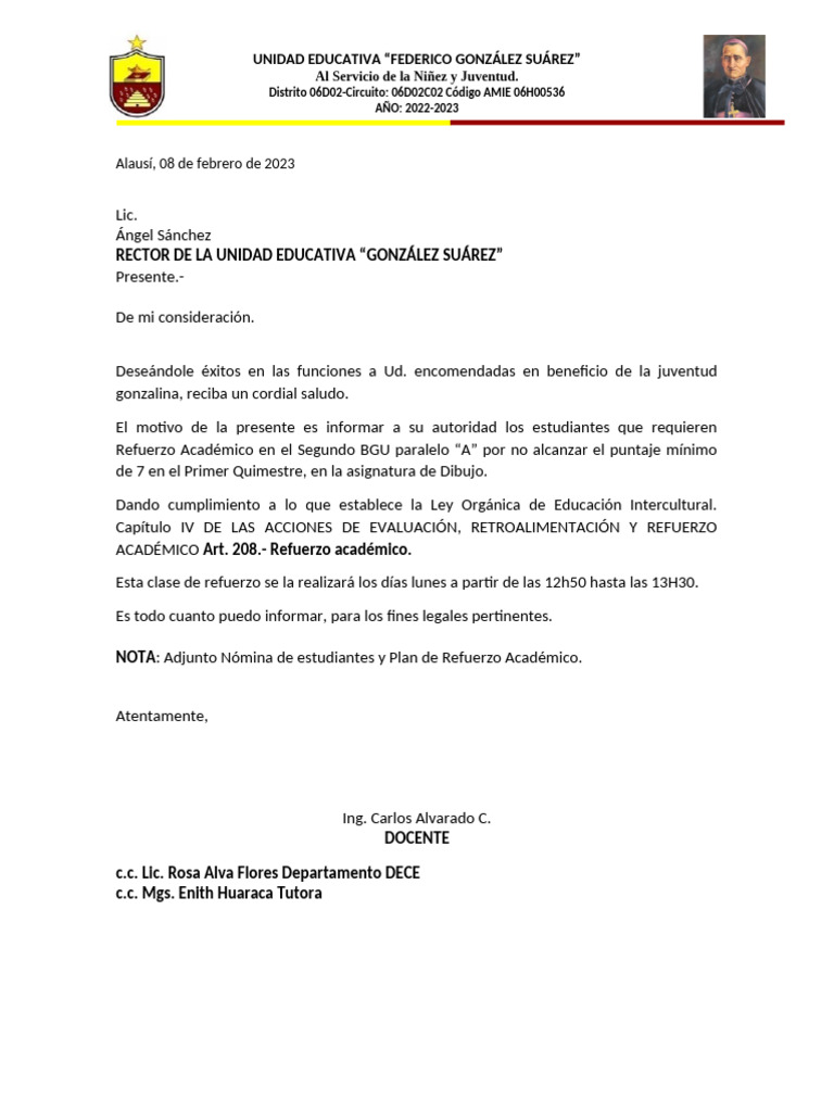 OFICIO Refuerzo Académico | PDF