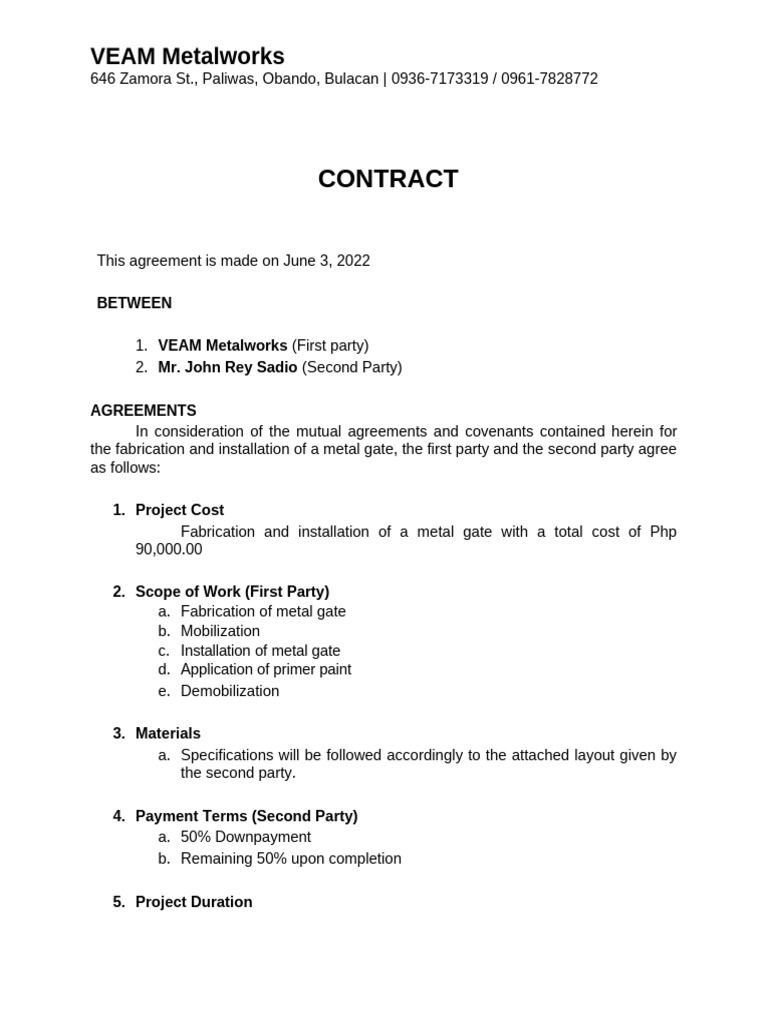 Metal Gate Installation Contract | PDF