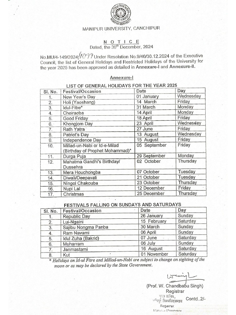 General Holidays List for the Year 2025 | PDF