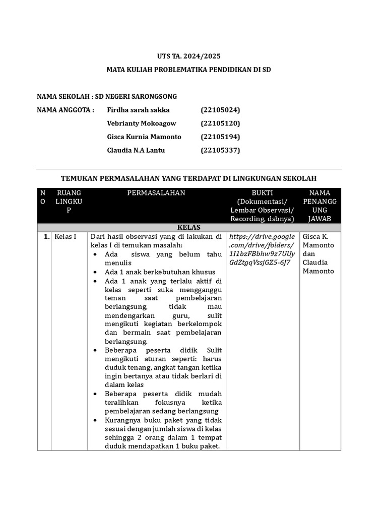 Uts MK Problematika Pendidikan Di SD Negeri Sarongsong | PDF