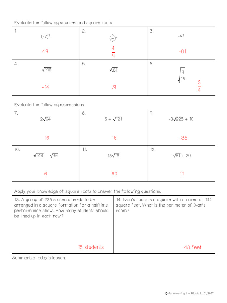 Page 7 HOMEWORK Squares and Square Roots | PDF