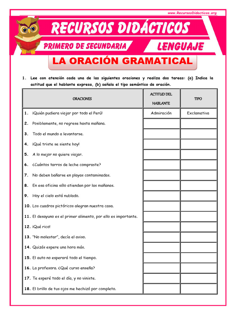 La-Oración-Gramatical-para-Primero-de-Secundaria | PDF | Gramática ...