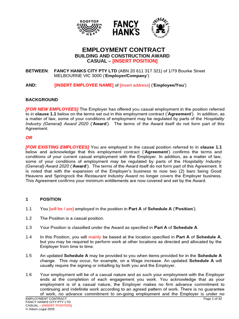Final - Employment Contract - Hospitality Award - Casual - May 2024 ...