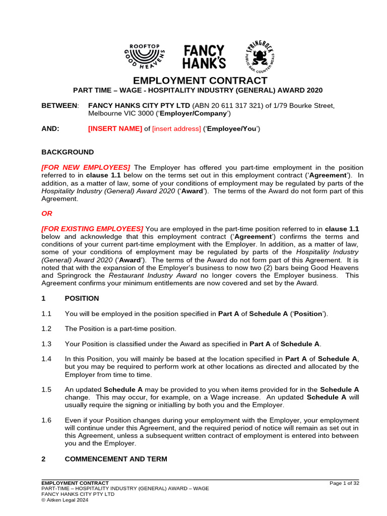 FINAL - EMPLOYMENT CONTRACT - PART TIME - AT AWARD WAGES - HOSPITALITY ...