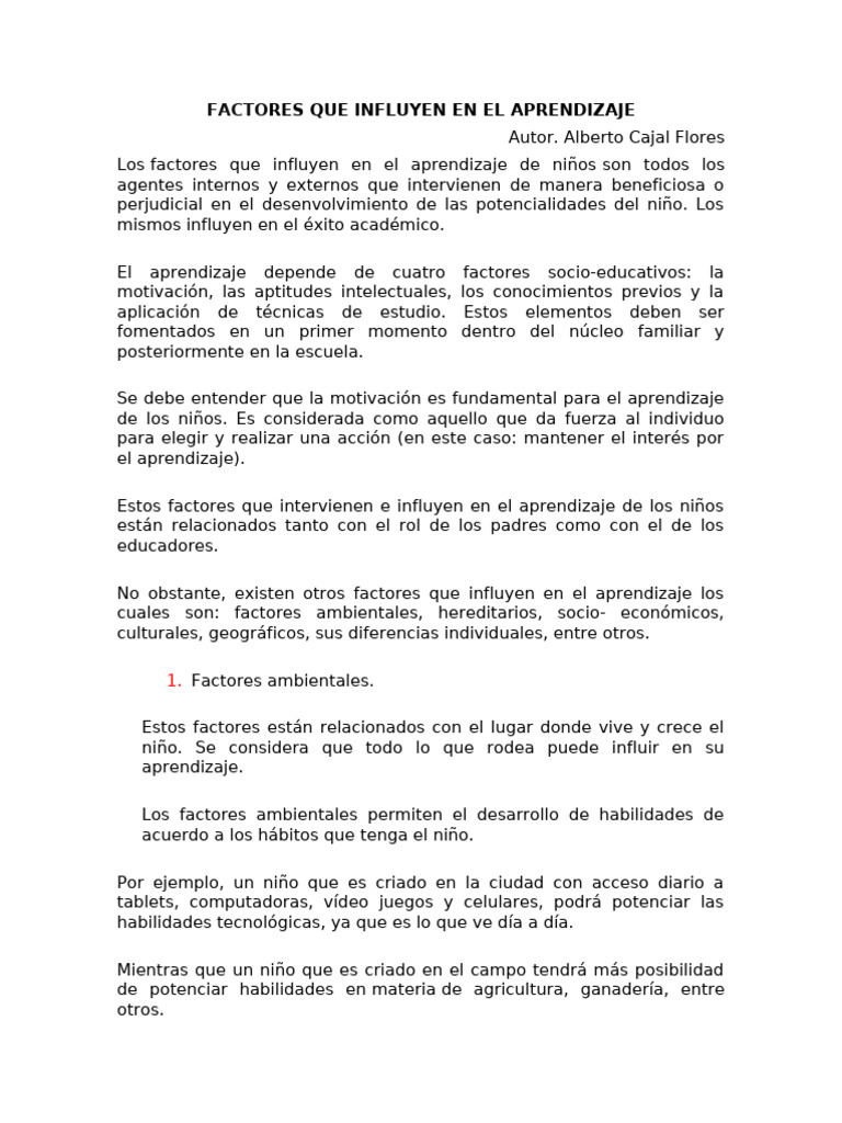 Factores Que Influyen en El Aprendizaje | PDF | Aprendizaje | Atención