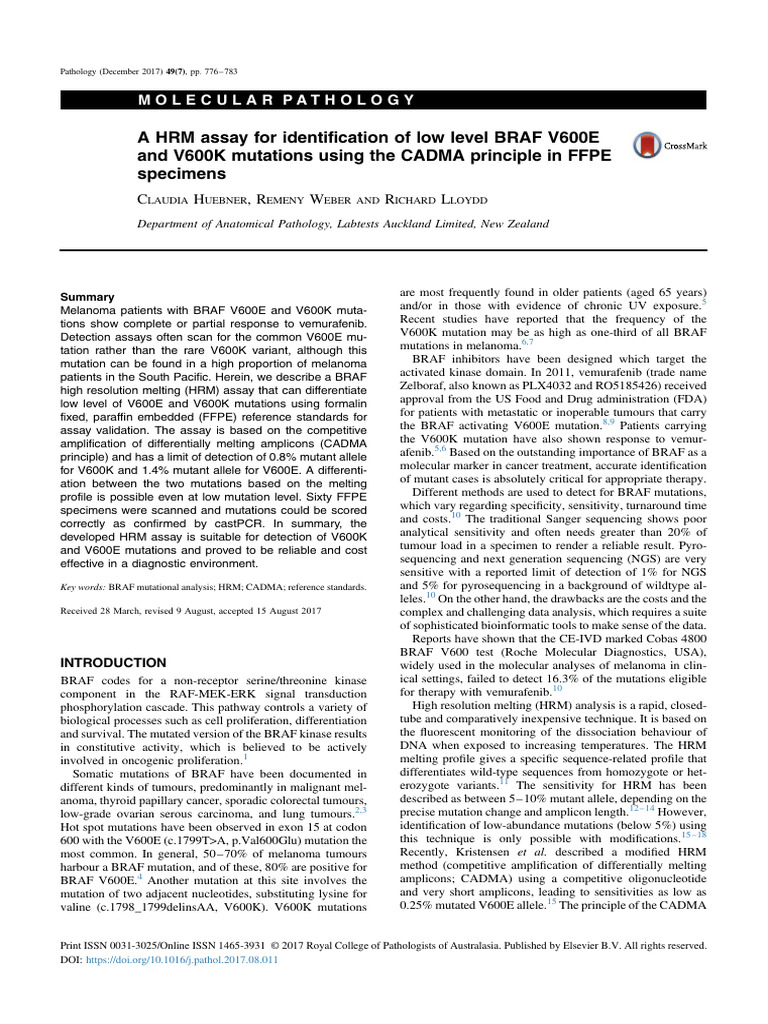 A HRM Assay For Identification of Low Level BRAF V600E and V600K Mutations Using The CADMA ...