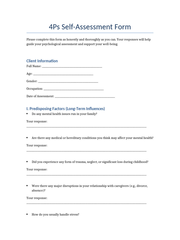 4Ps Self Assessment Form Client Version | PDF | Mental Health ...