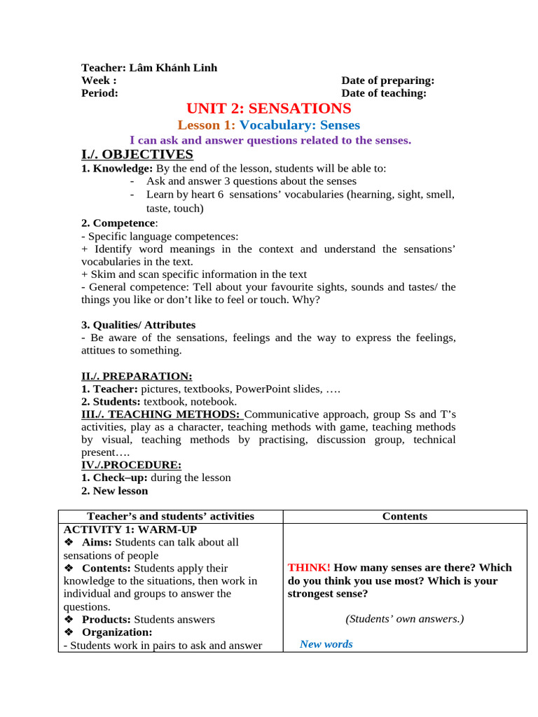 Lâm Khánh Linh - Lesson Plan - Unit 2 - Grade 8 | PDF | Senses ...