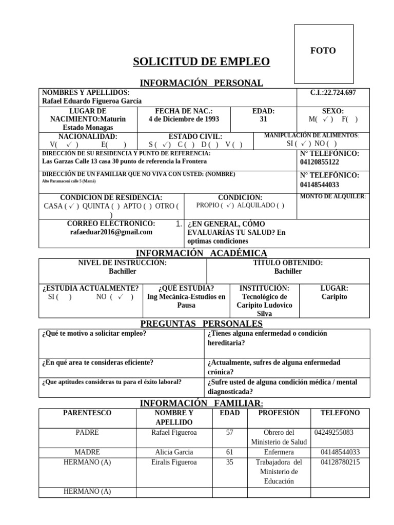 Formato Solicitudde Empleo Rafael | PDF