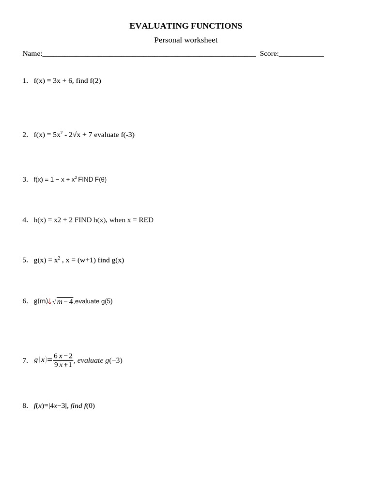 Evaluating Functions Practice Worksheet | PDF