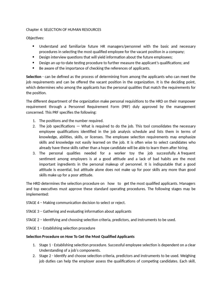 HRM Chapter 4 SELECTION OF HUMAN RESOURCES | PDF | Employment | Knowledge