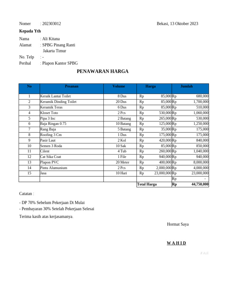 Penawaran Harga SPPG Pinang Ranti 2. | PDF