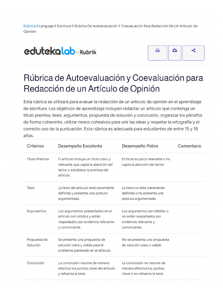 Rúbrica De Autoevaluación Y Coevaluación Para Redacción De Un Artículo De Opinión (1) | PDF