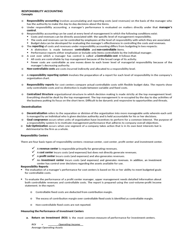 Responsibility Accounting | PDF | Expense | Return On Investment