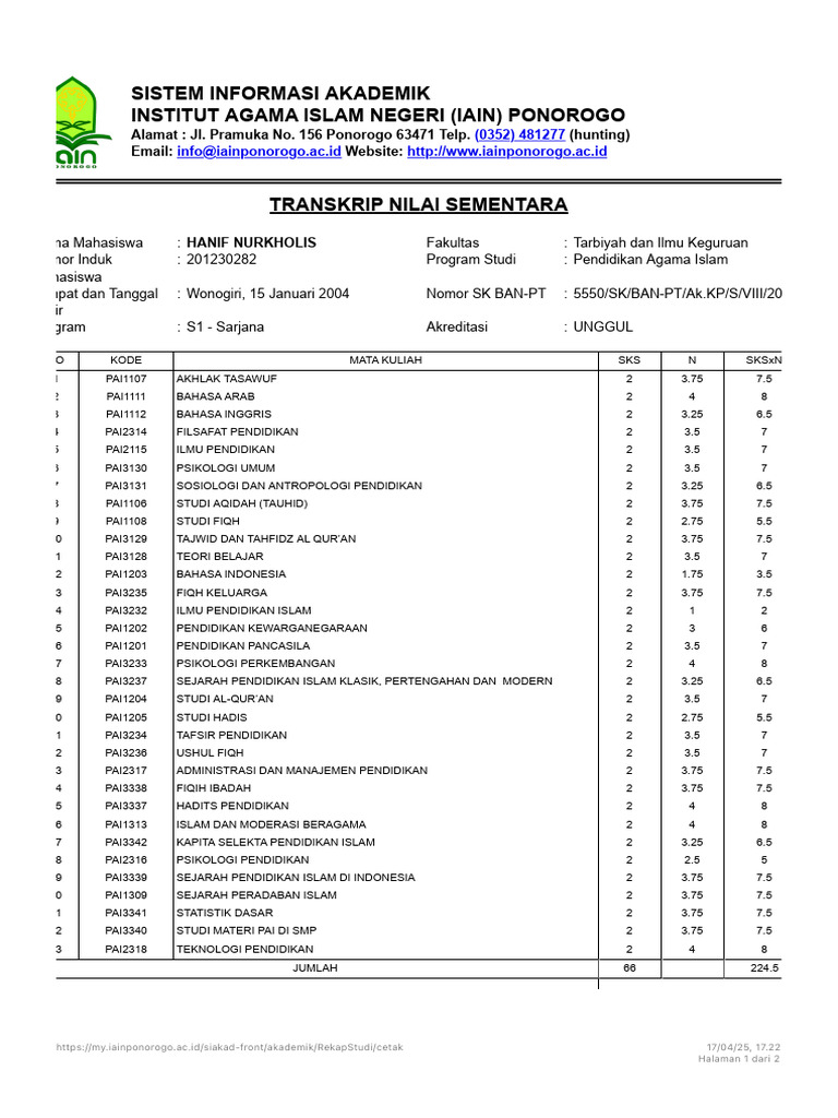 Transkrip Nilai Sementara - 201230282 (Time - 1744885373) | PDF
