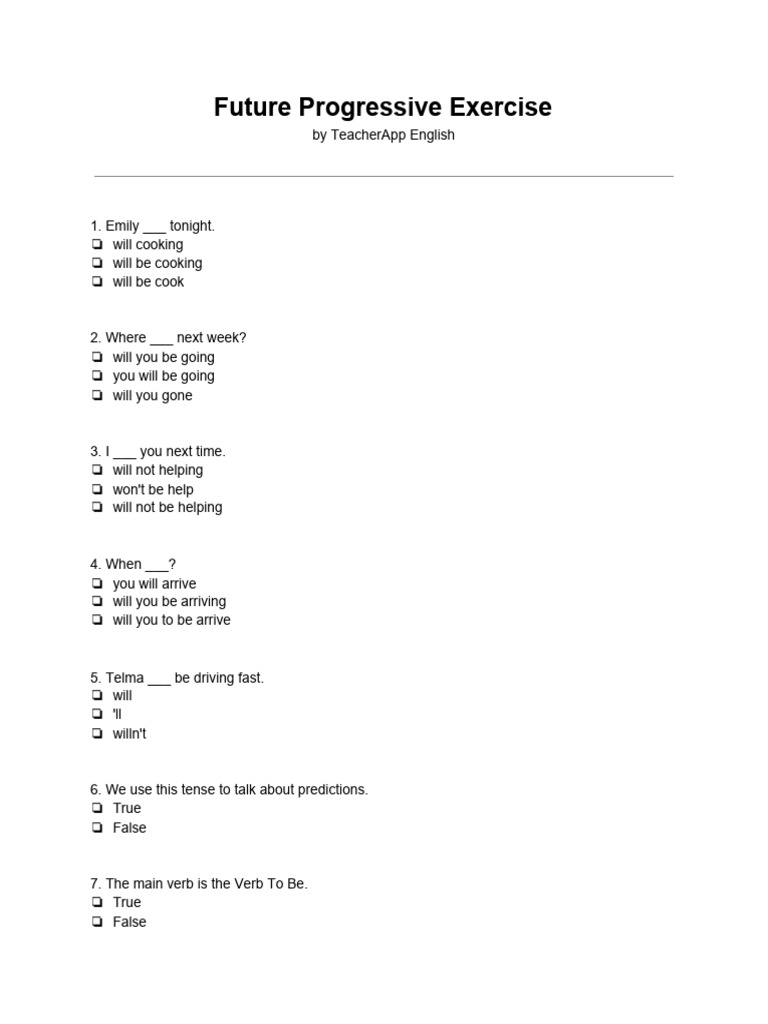 Future Progressive Tense Exercises | PDF
