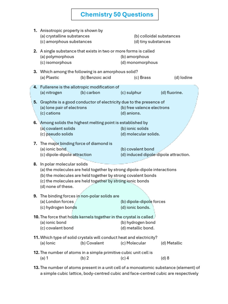 Chemistry Past Paper: 50 Questions | PDF | Magnetism | Chemical Bond