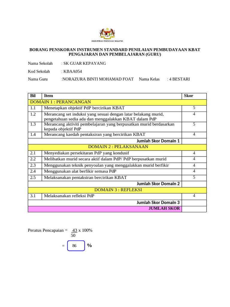Bil Item Skor: Borang Penskoran Instrumen Standard Penilaian ...