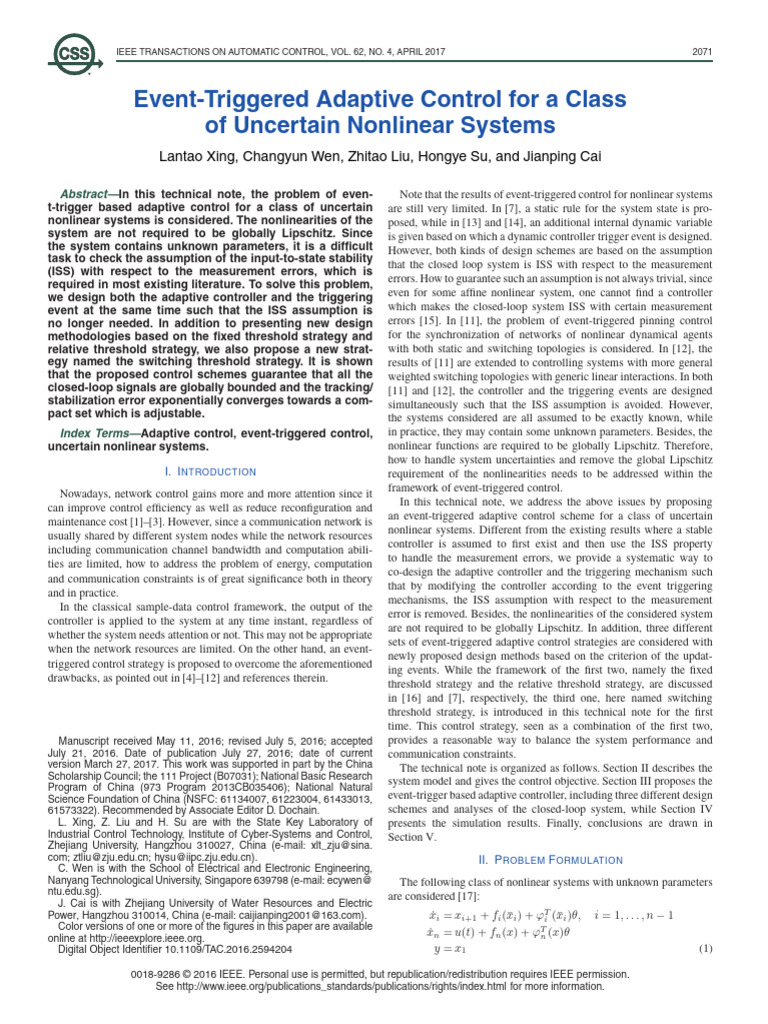 2017 Event-Triggered Adaptive Control For A Class of Uncertain Nonlinear Systems | PDF | Control ...