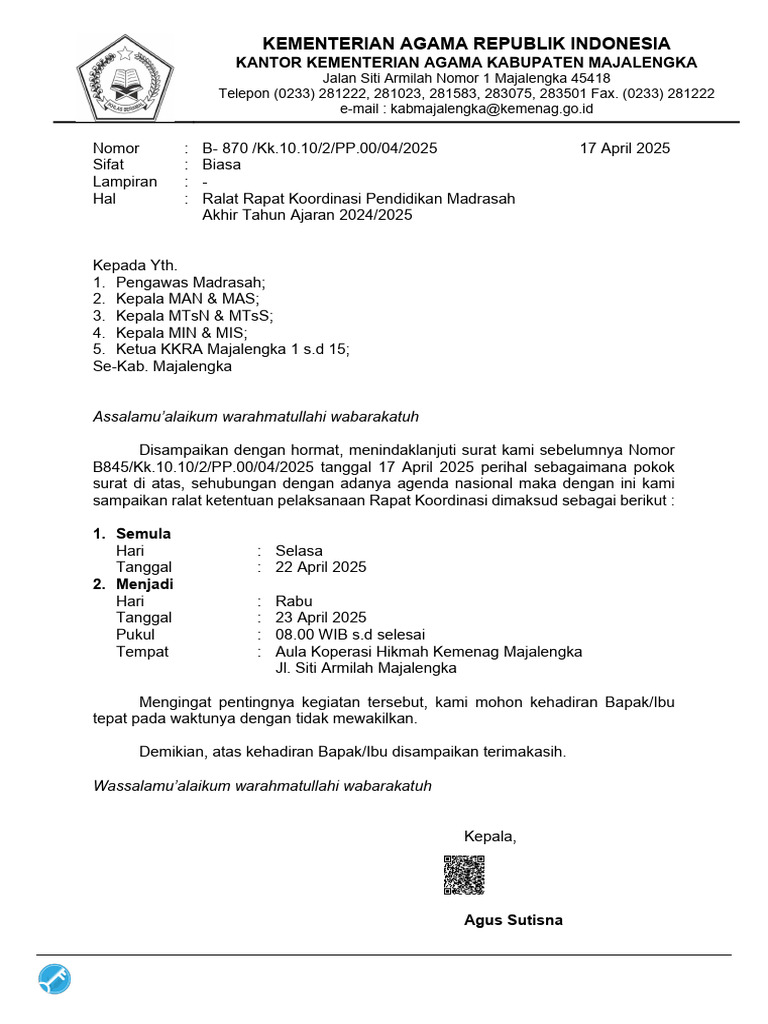 Surat Ralat Rakor Penmad | PDF