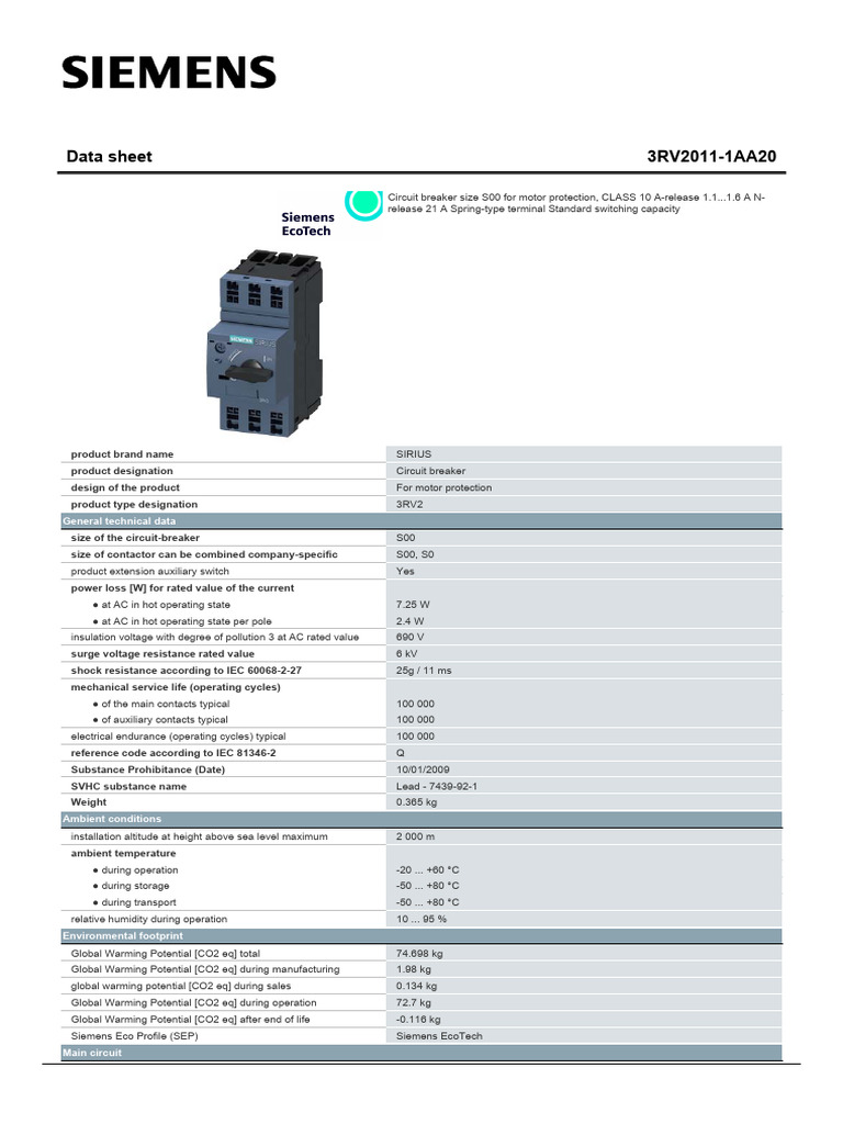 3RV20111AA20 Datasheet en | PDF | Alternating Current | Electrical Engineering
