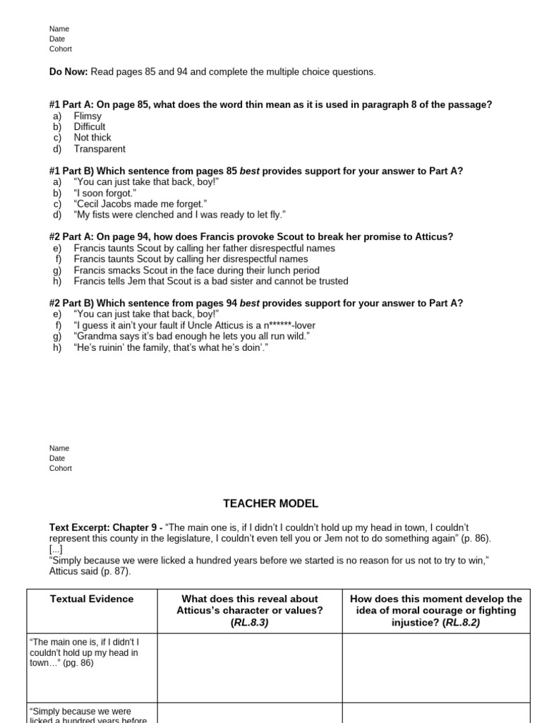 TKAM Focal Passage 4 Student Handout | PDF | To Kill A Mockingbird