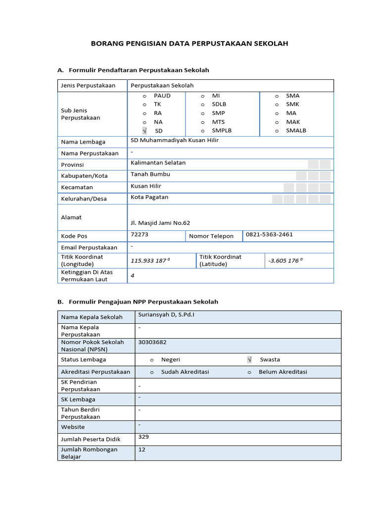 Borang Pengisian Data Perpustakaan Sekolah | PDF