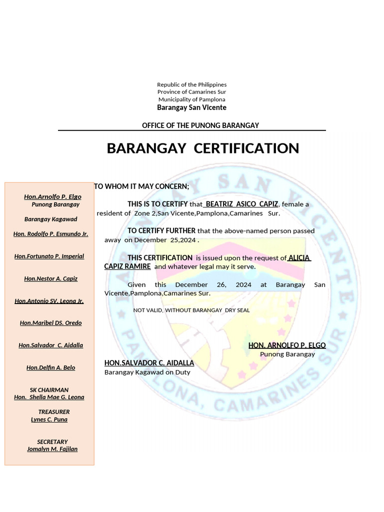 Barangay Certification For Death | PDF
